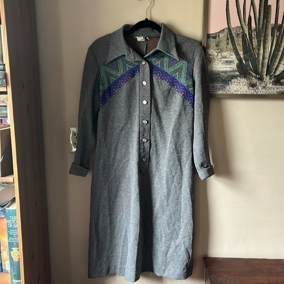 Vintage | Dresses | Vintage Gray And Blue Patterned Mini Dress | Poshmark